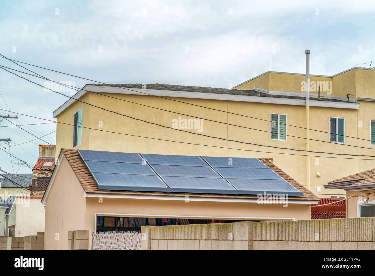 Solar panels at the roof of house in Long Beach California against ...