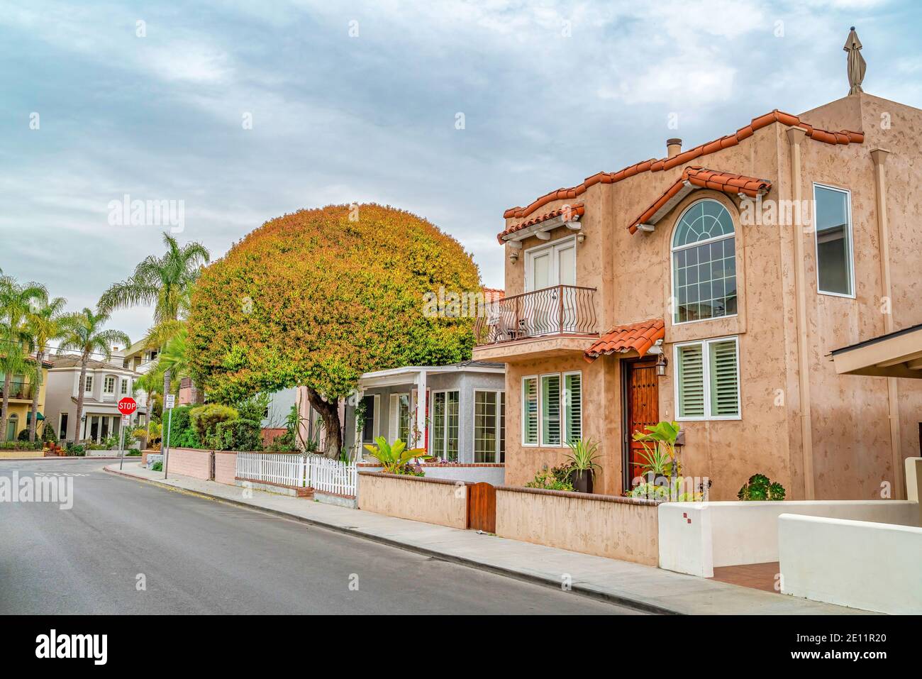 Road along homes with lovely facade and landscaping in Long Beach ...