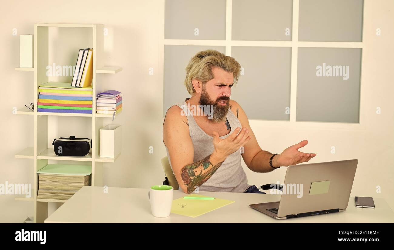man typing on computer. lazy sedentary lifestyle. man at workplace use ...