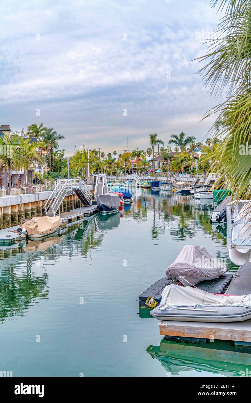 Long Beach California landscape with canal and waterfront homes under ...