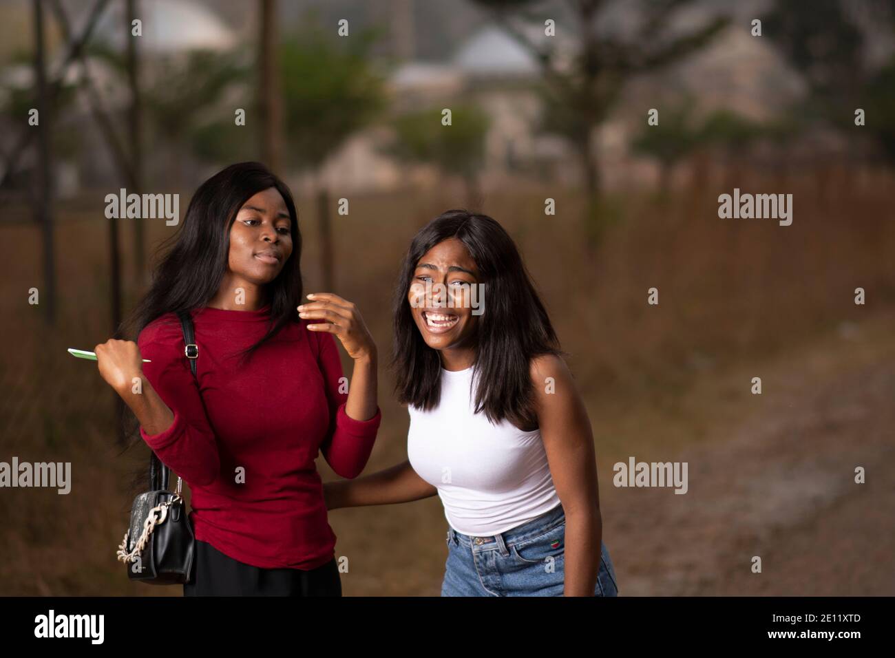 two ladies discussing with each other Stock Photo - Alamy