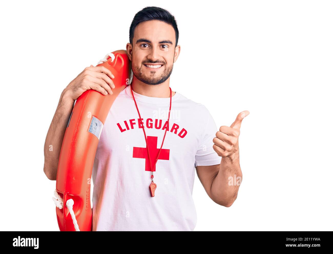 Young handsome man wearing lifeguard uniform holding float smiling ...