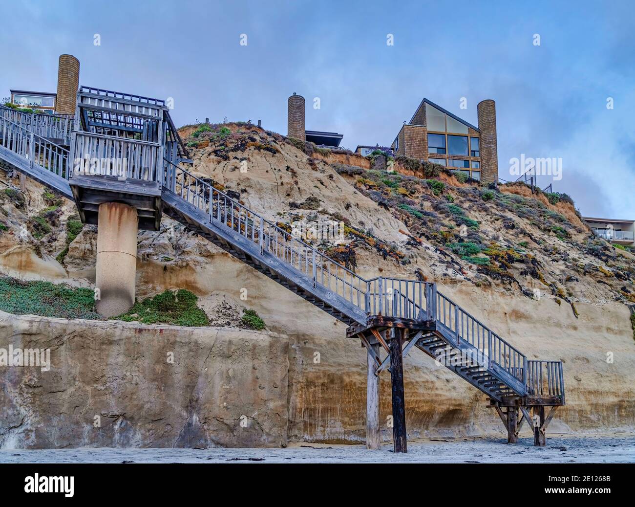 Stairs from beach to mountain with homes in San Diego California coast ...