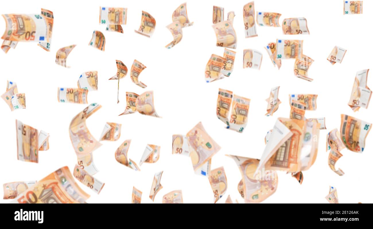 Money rain of 50 euro banknotes over white isolated background Stock ...