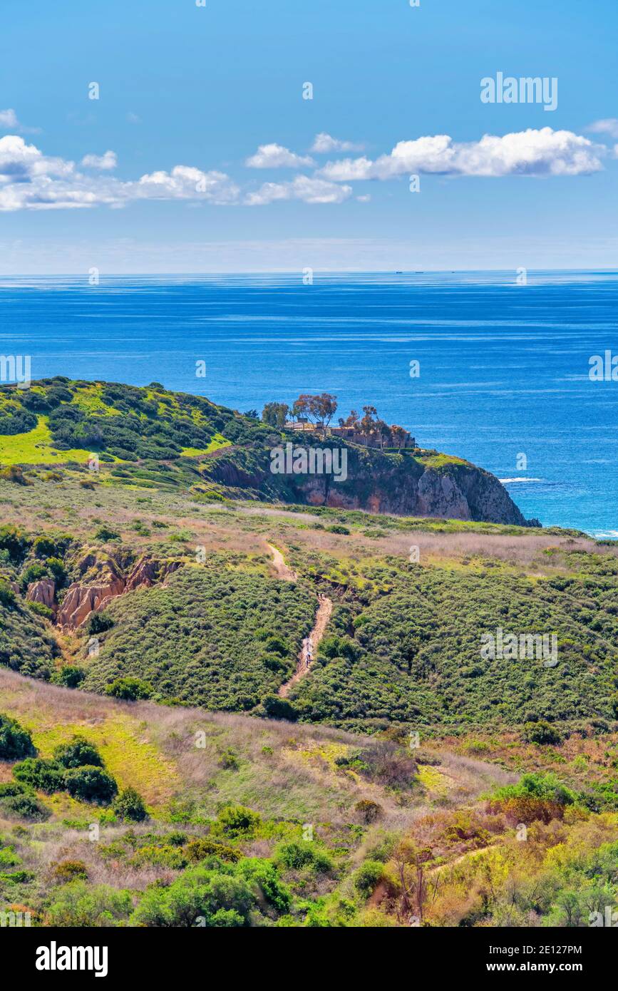 Aerial view of mountain with trail overlooking sea at Laguna Beach ...