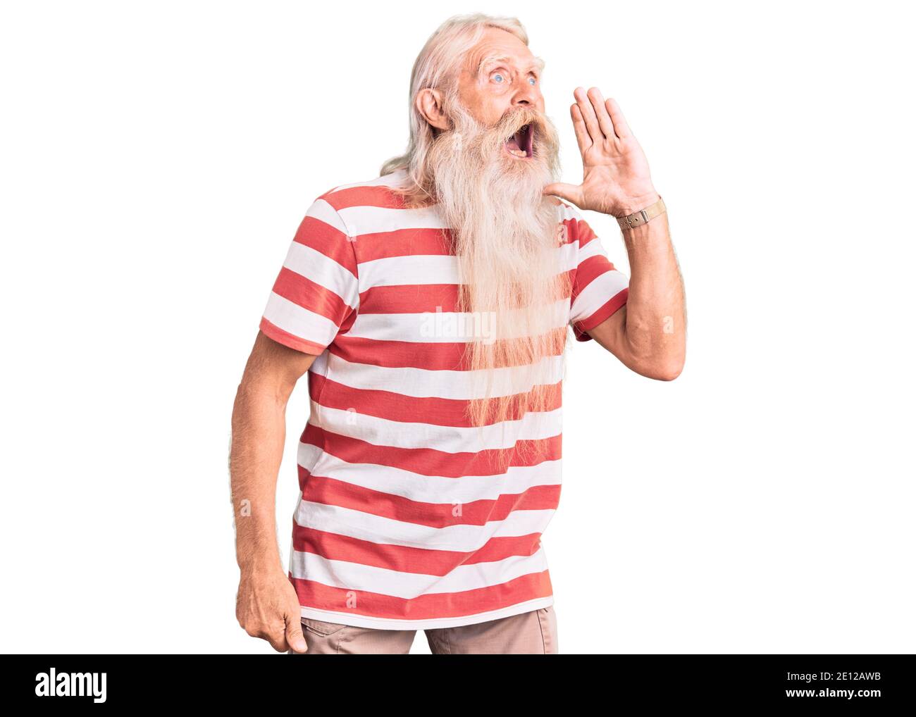 Old senior man with grey hair and long beard wearing striped tshirt ...