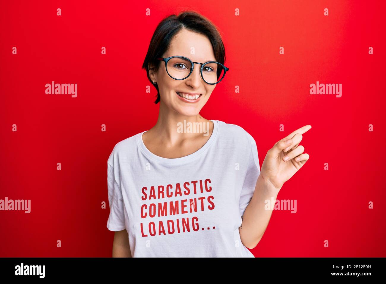 Young brunette woman with short hair wearing sarcastic comments loading ...