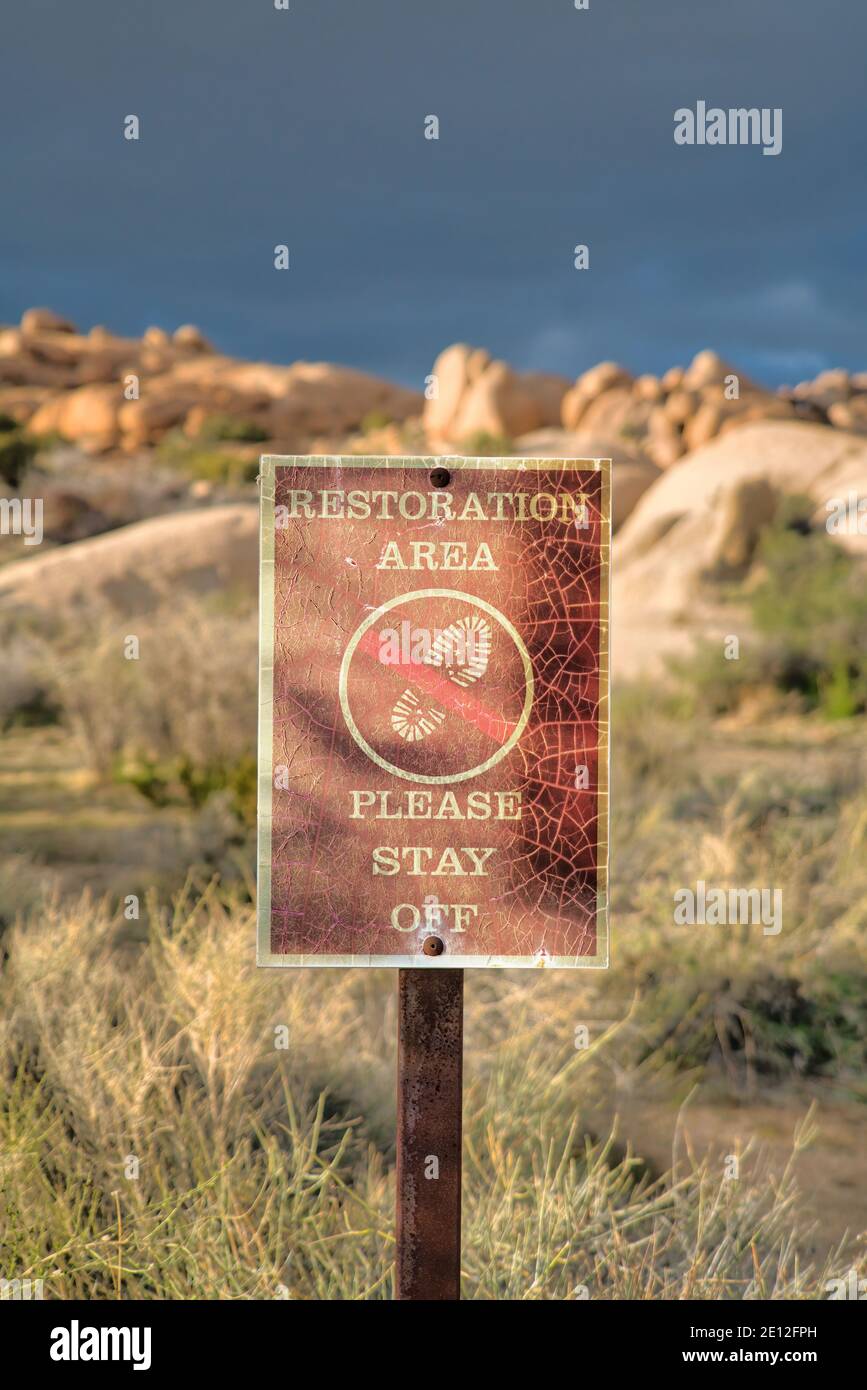 Restoration Please Stay Off warning sign at Joshua Tree National Park ...