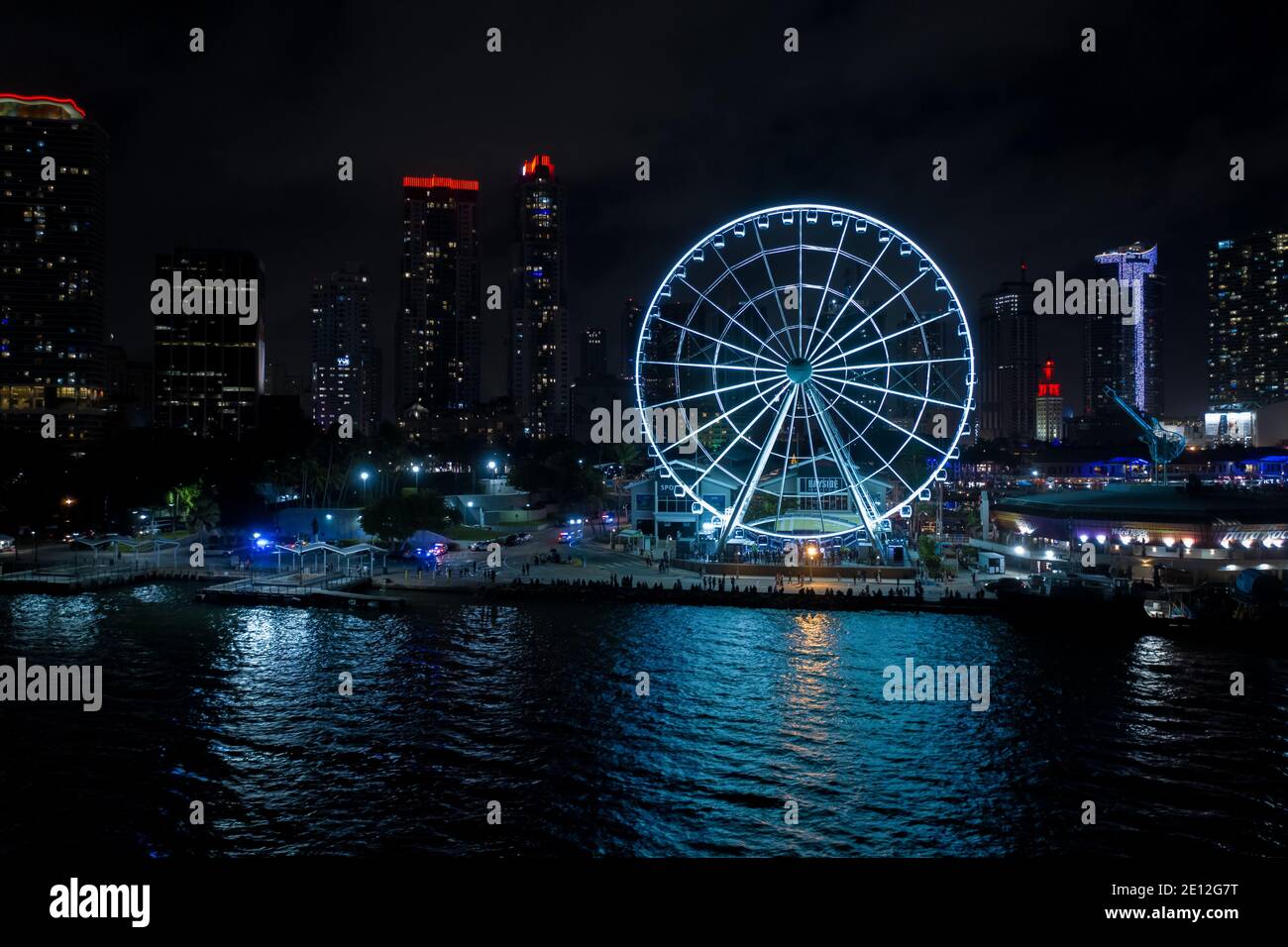 MIAMI, FL, USA - JANUARY 1, 2020: Night aerial panorama Miami Skyviews ...