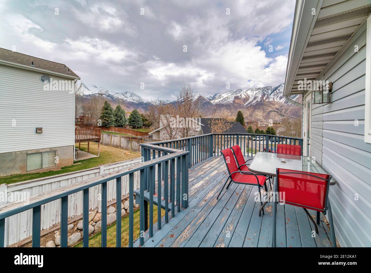 Balcony of home with glorious views of snowy mountain peaks and ...