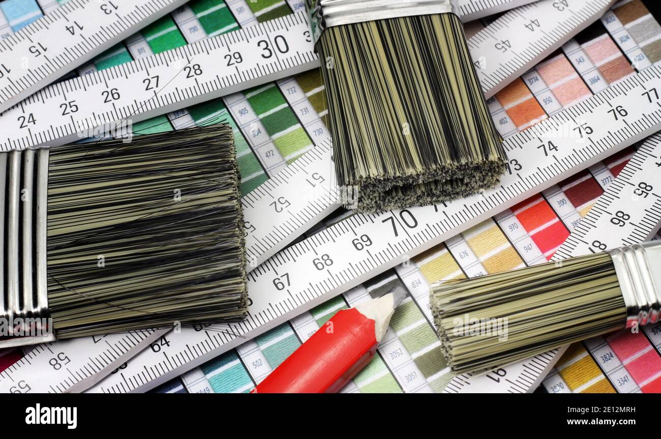 Brush, Pencil, Ruler, Color Card For Painting Help Stock Photo - Alamy