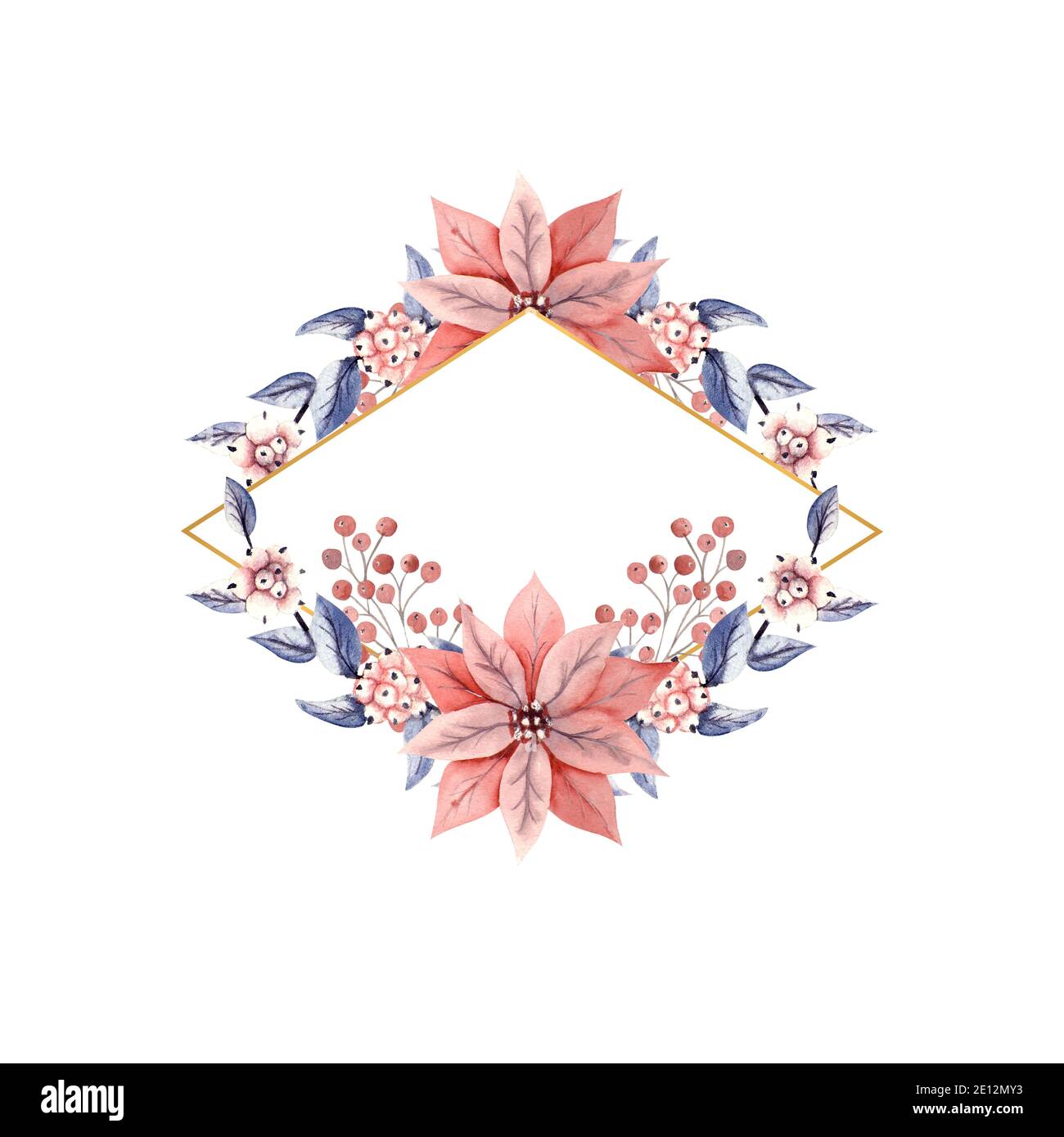 Winter watercolor in a diamond-shaped frame with snowberry twigs and ...