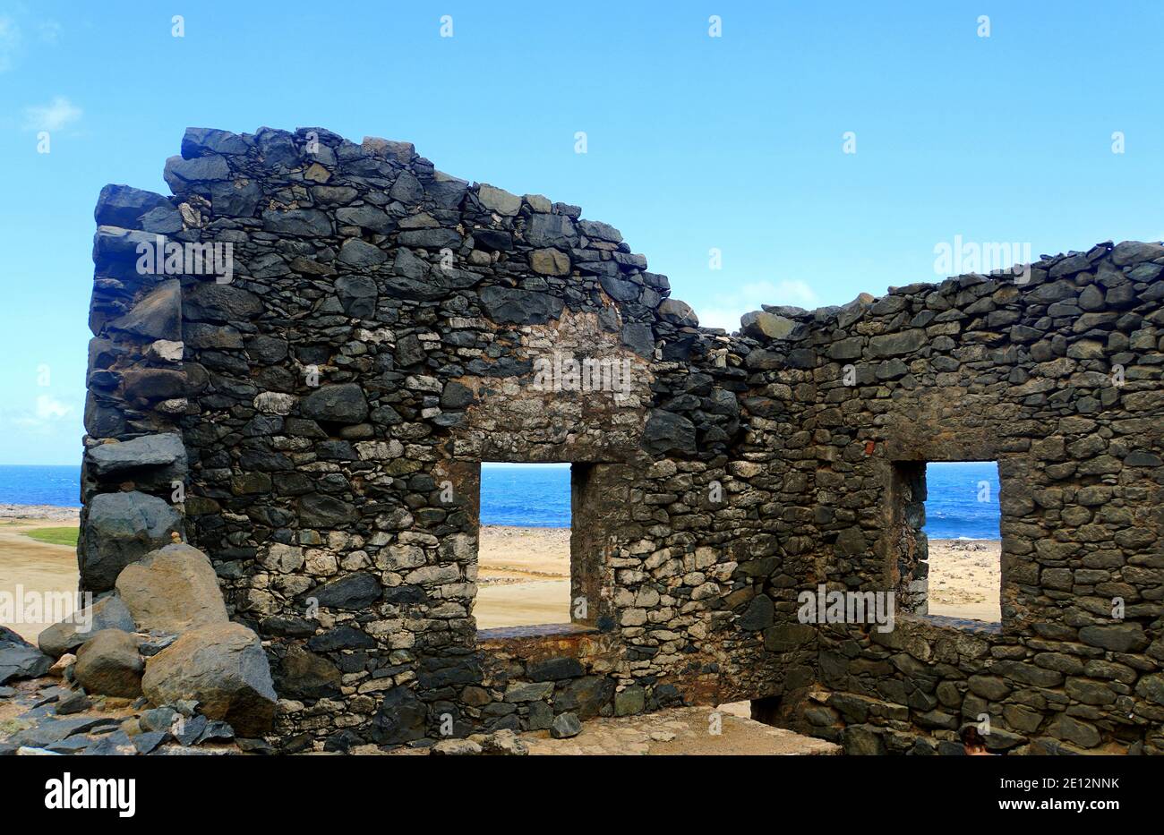 Brick windows overlooking beautiful blue ocean in Aruba Stock Photo - Alamy