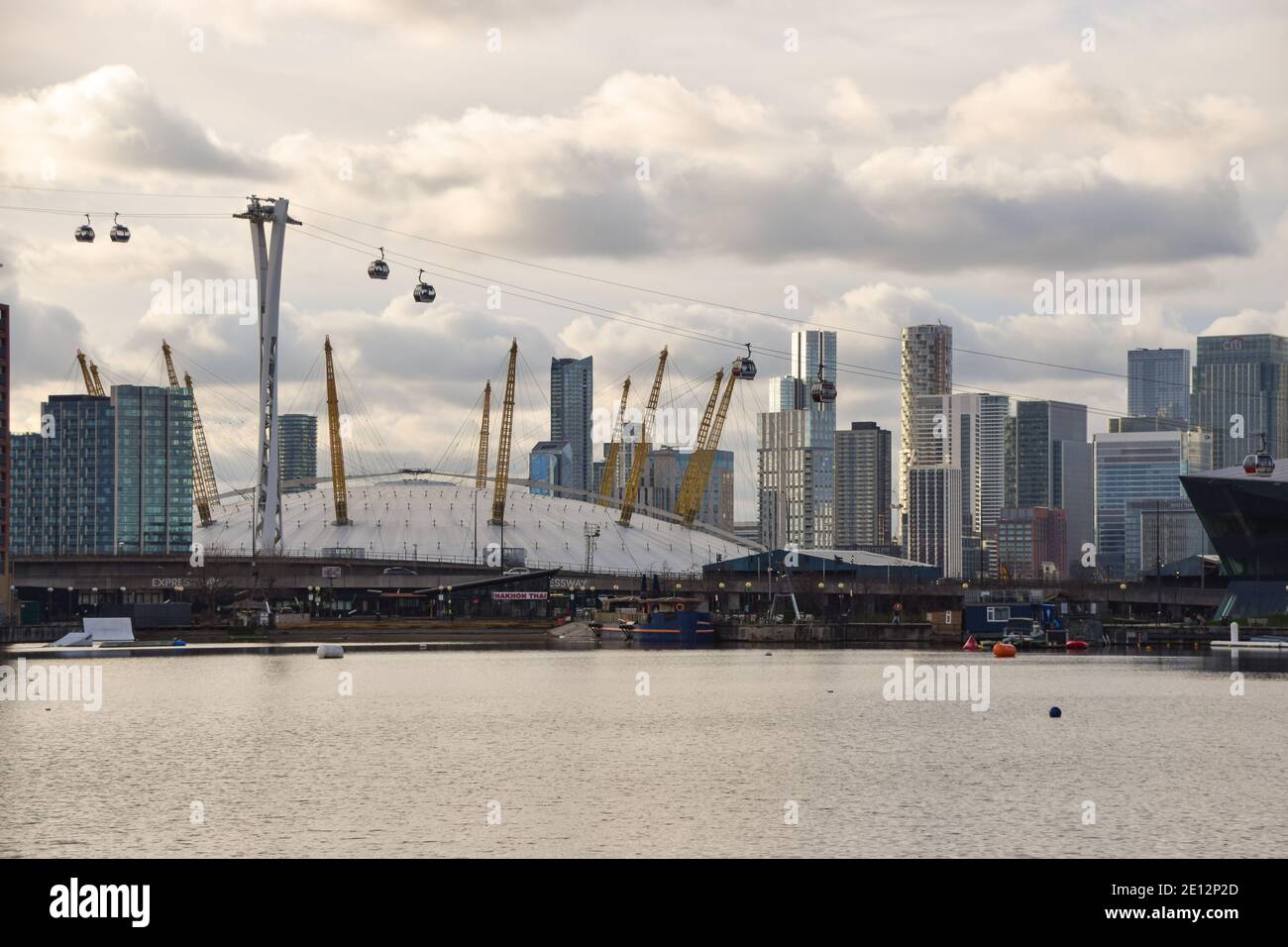 London, UK. 02nd Jan, 2021. A panoramic view of Canary Wharf and The O2 ...