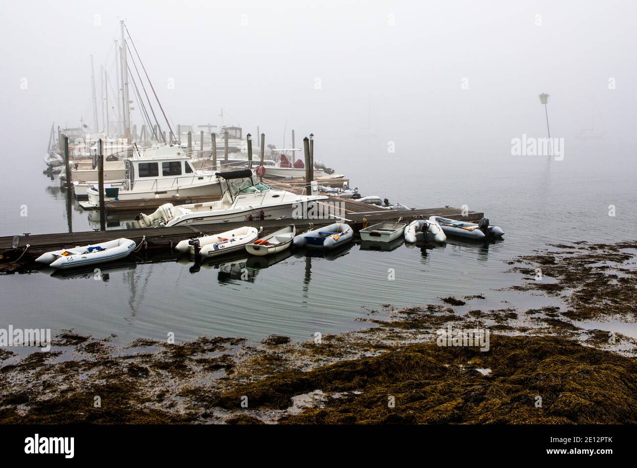 Boats docked in the Robin Hood marina, Georgetown Island, Maine Stock ...