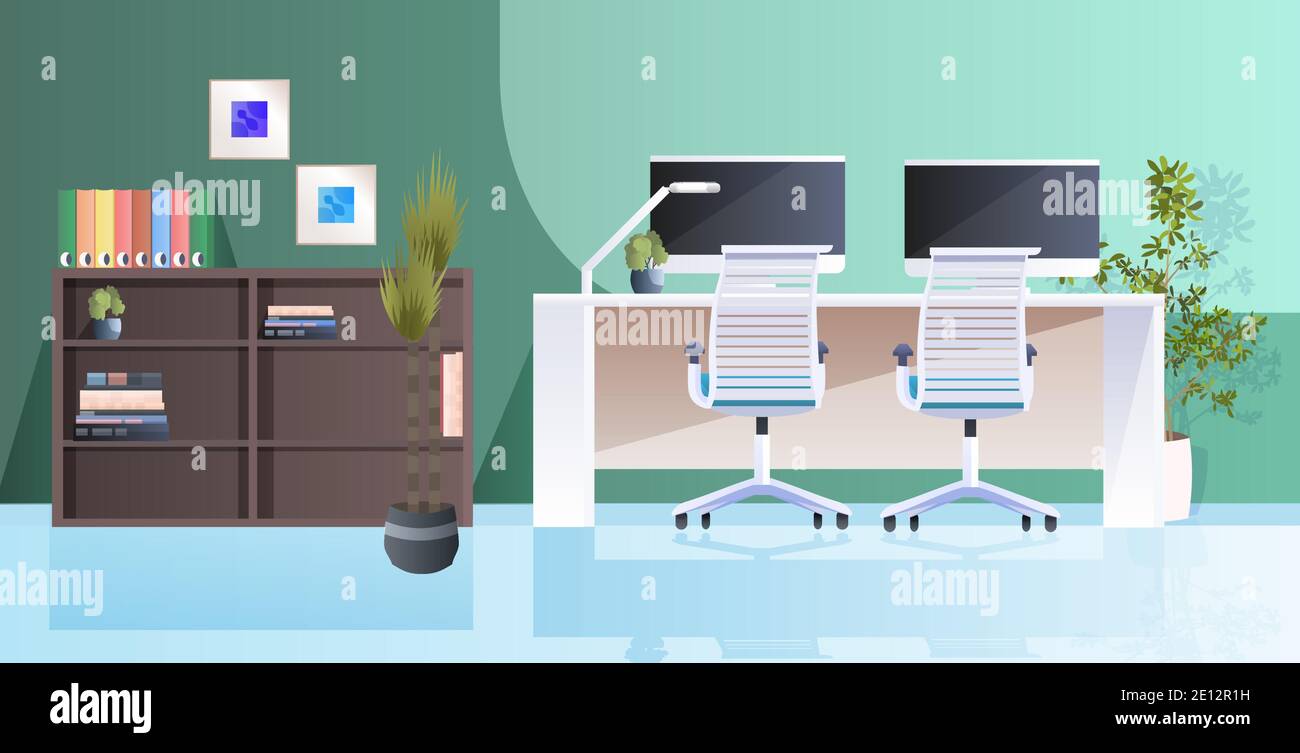 workplace with computer monitors modern cabinet interior empty no ...