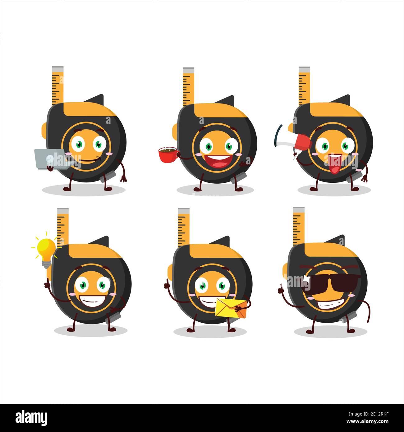 Tape measure cartoon character with various types of business emoticons ...