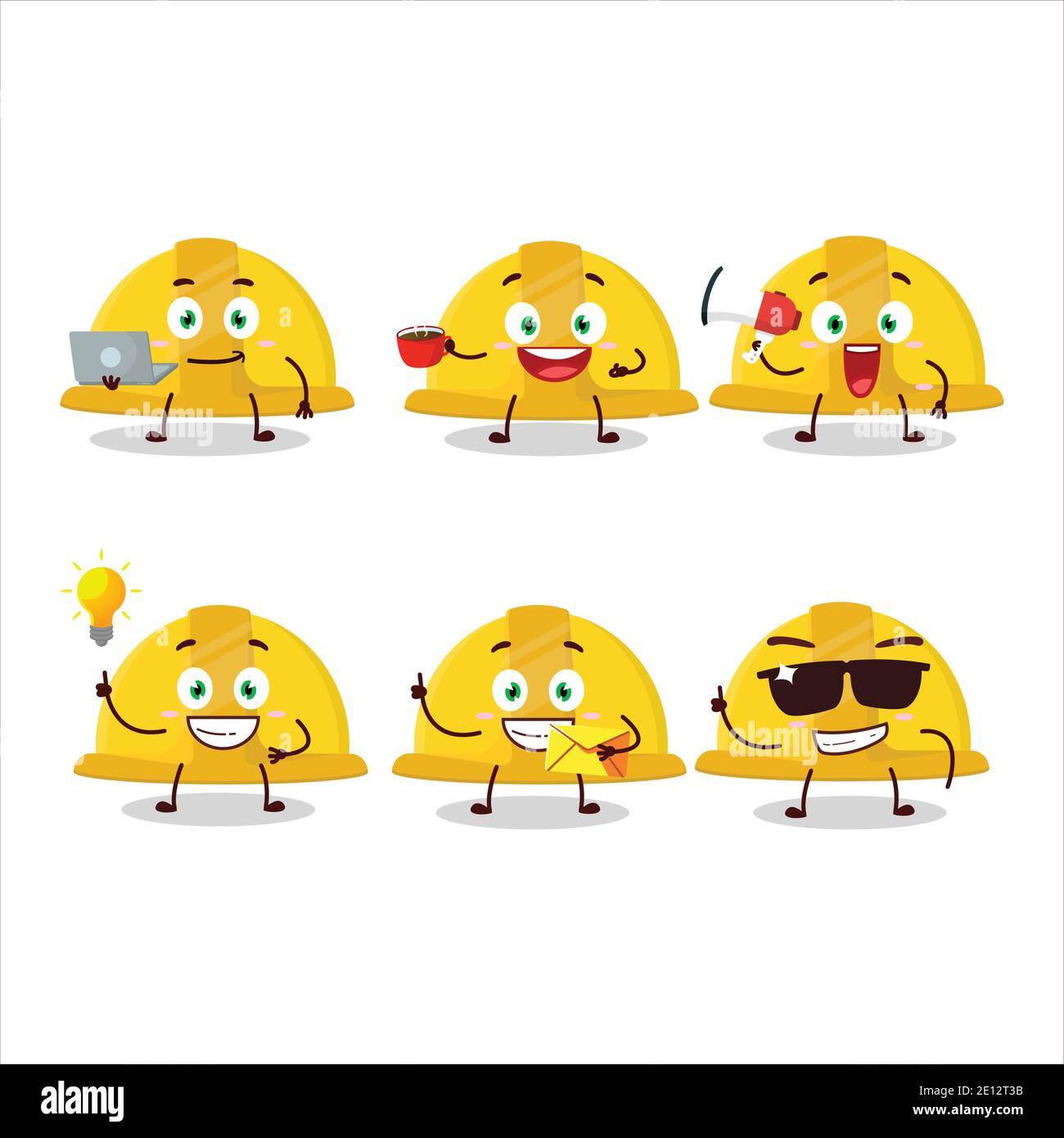 Yellow construction helmet cartoon character with various types of ...