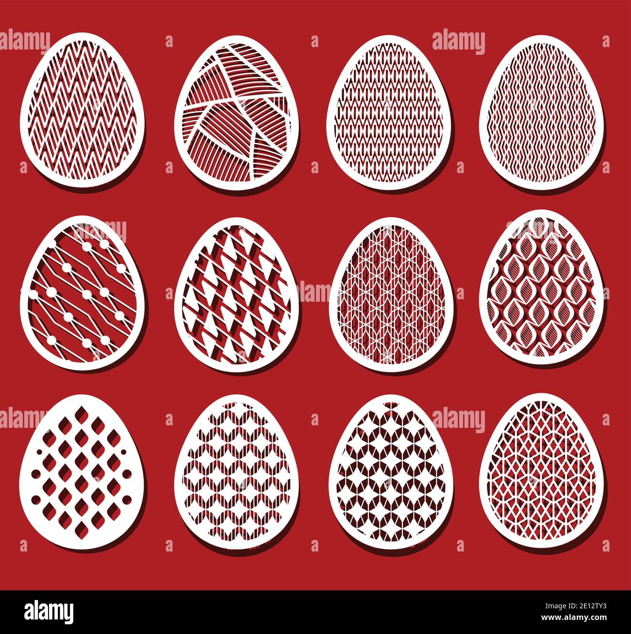 Easter eggs set. White ornamental textured eggs for laser cutting on red background. Geometry ...