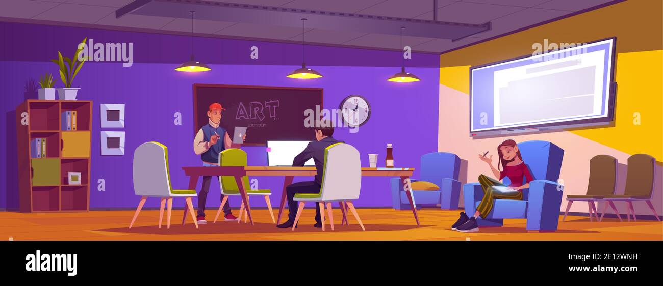 People in coworking area think business idea or develop art project ...