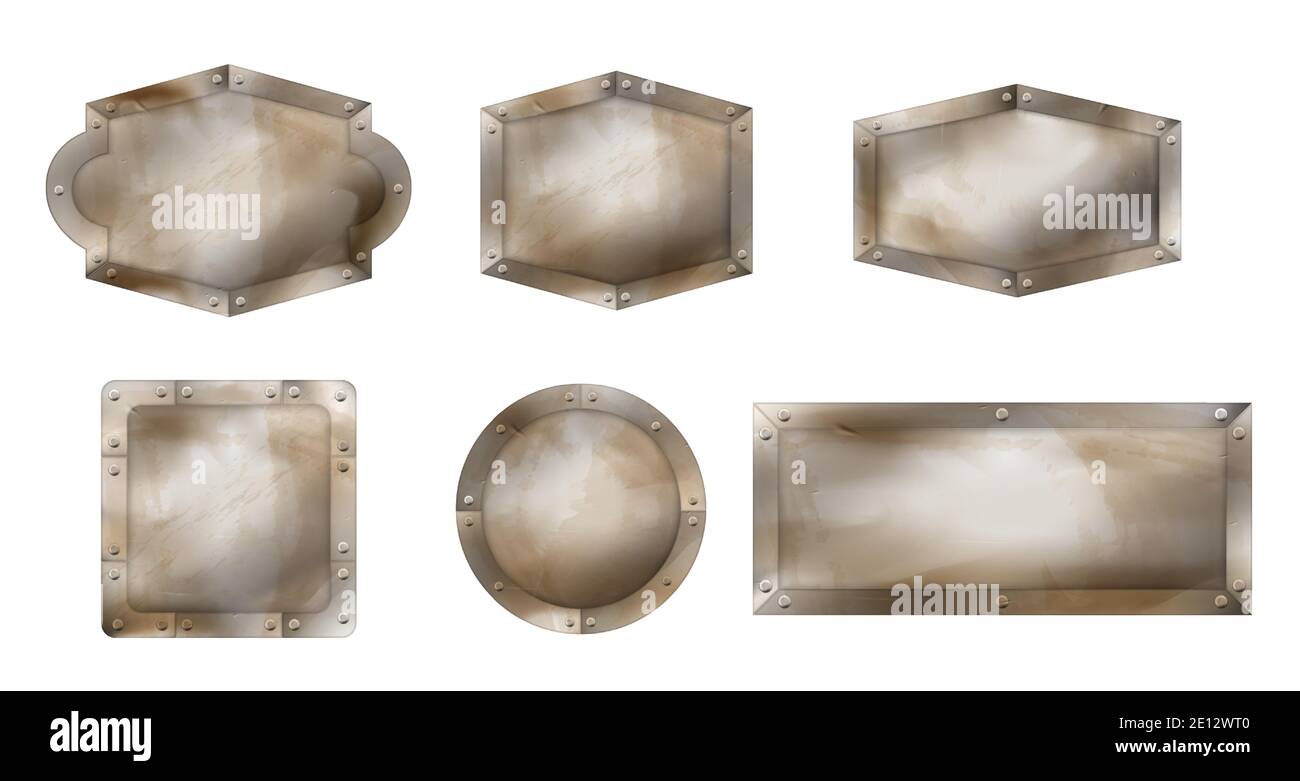 Old metal signs different shapes, rusty boards with steel frame and ...