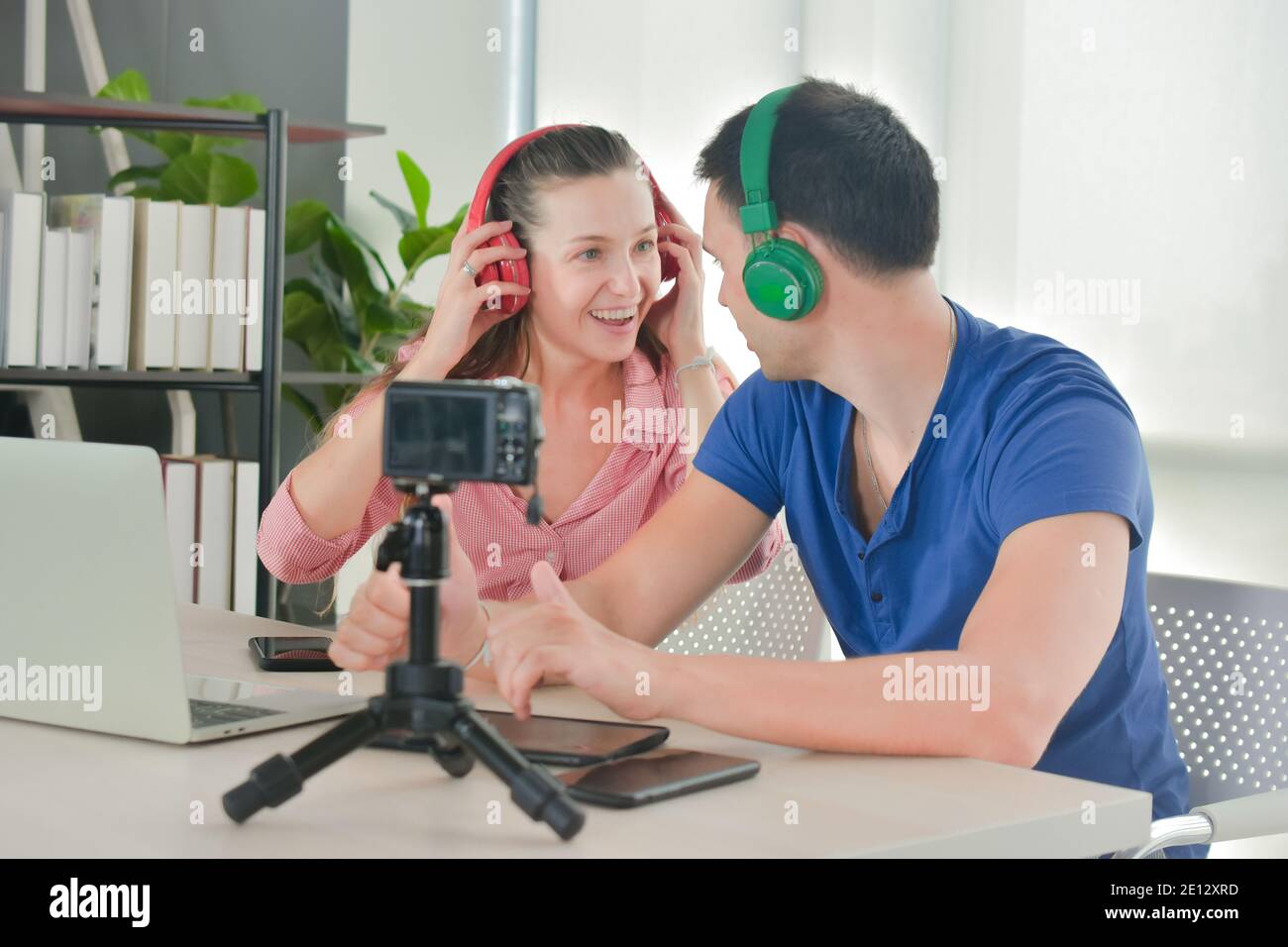 Man women are live streaming on broadcast online internet connection ...