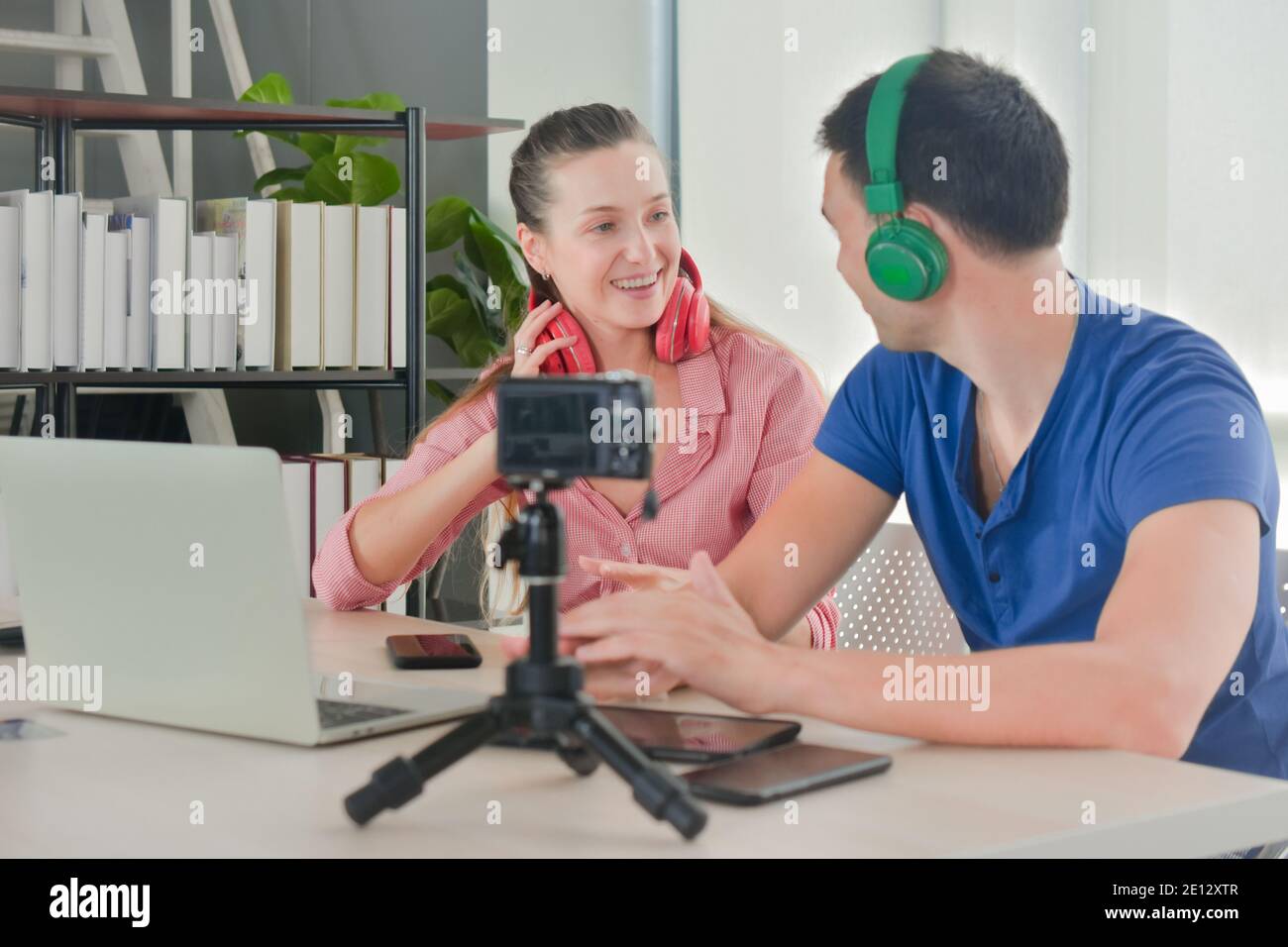 Man women are live streaming on broadcast online internet connection ...