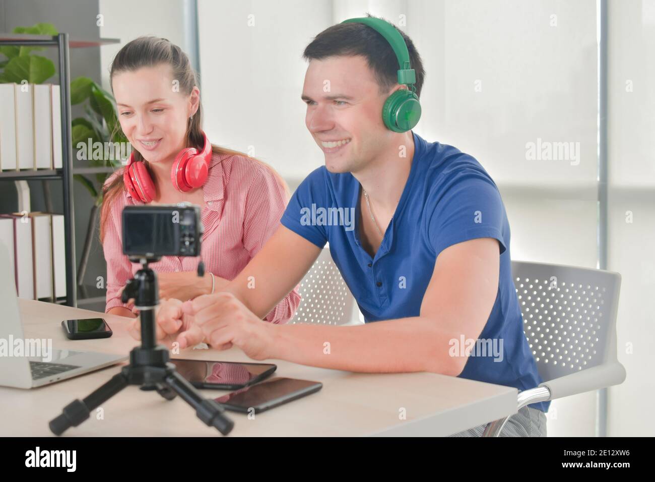 Man women are live streaming on broadcast online internet connection ...