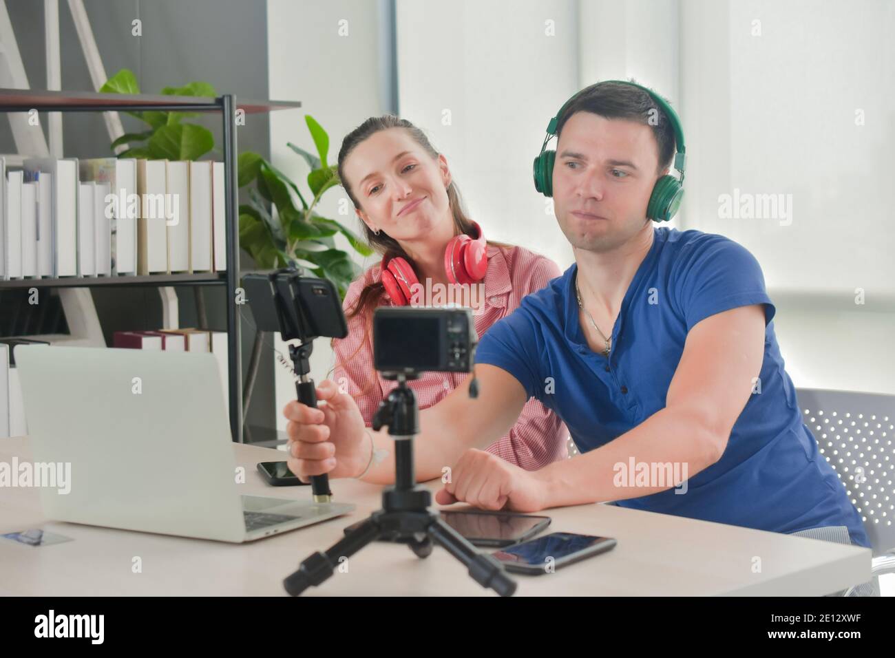 Man women are live streaming on broadcast online internet connection ...