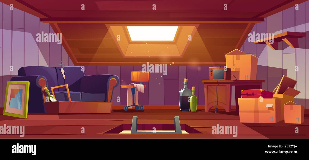 Attic room with ladder in hatch, old things, roof window and furniture ...