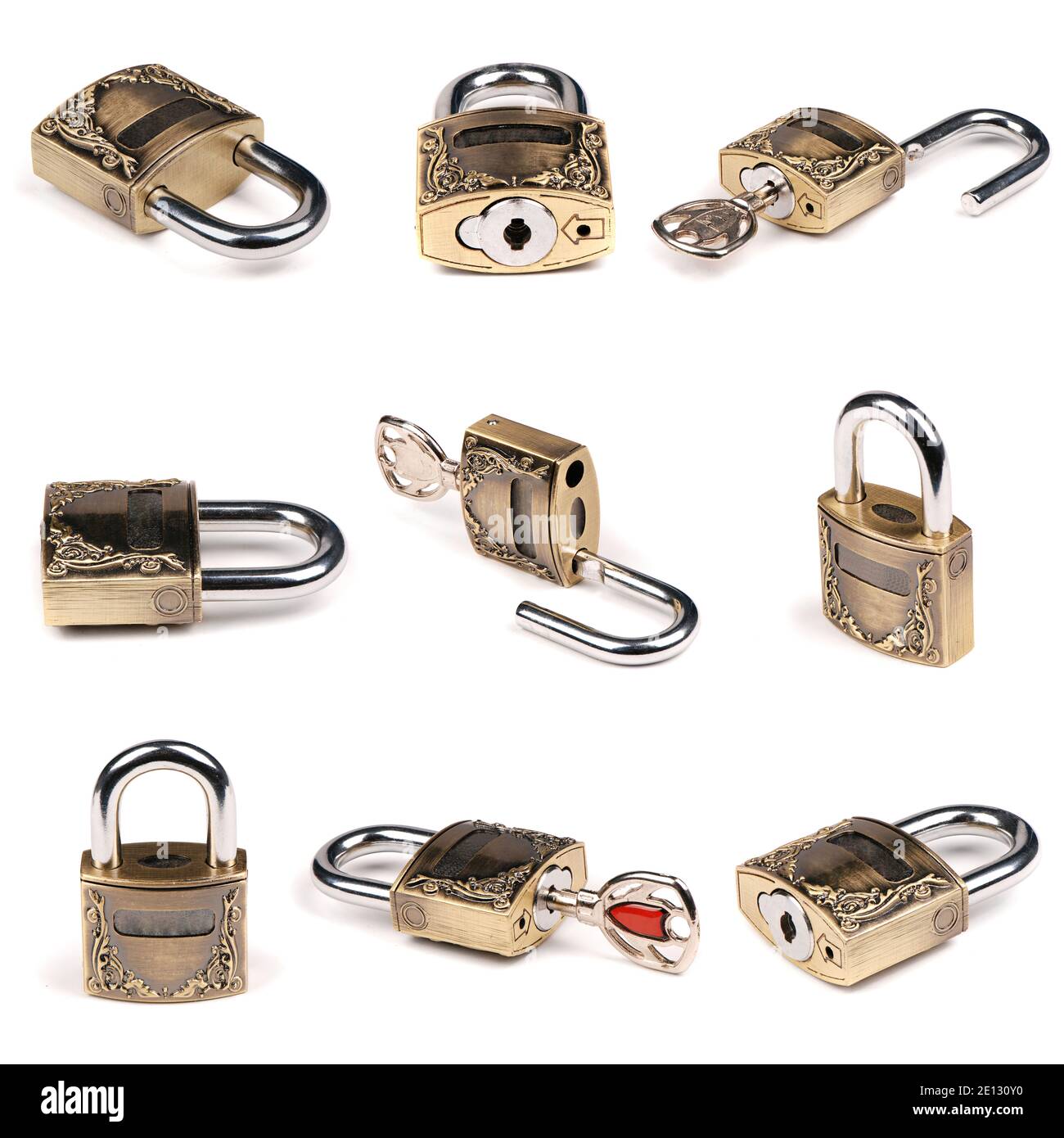 Creative layout made of bronze Padlock on white. High resolution photo ...