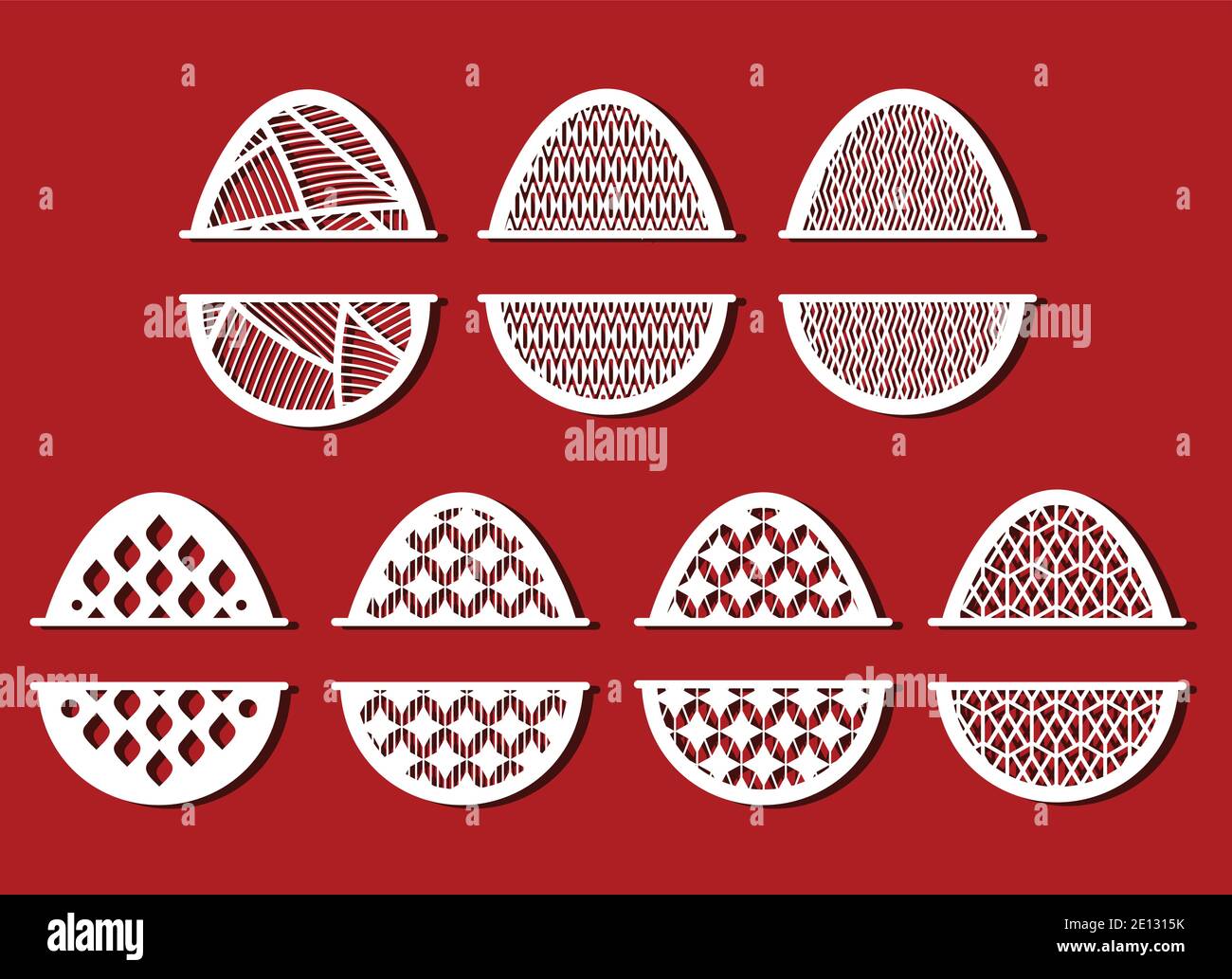 Easter eggs set. White ornamental textured eggs for laser cutting on red background. Geometry ...