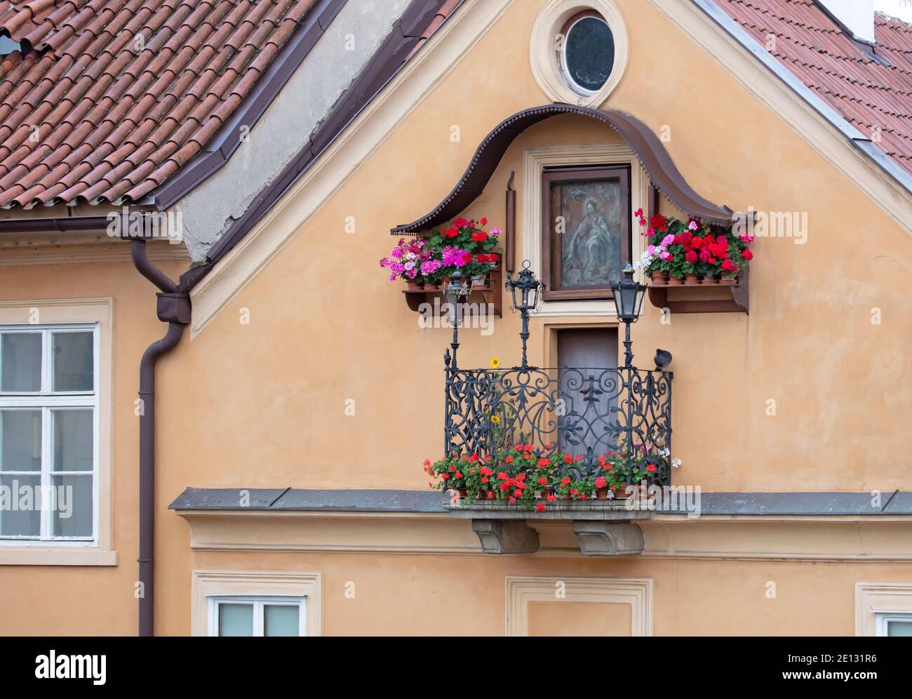 Prague, Czech Republic on july 8, 2020: Beautiful balcony with flower ...