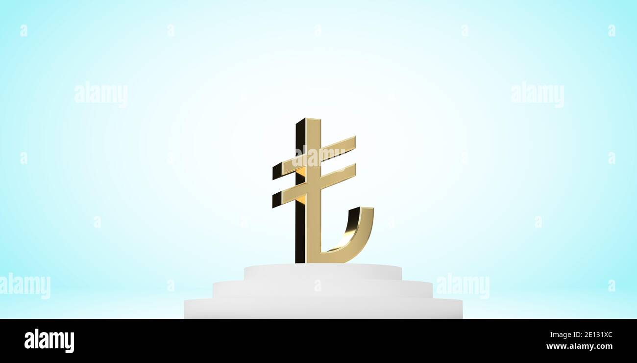 3D rendered Turkish Lira or TL symbol in shiny gold on a white podium ...