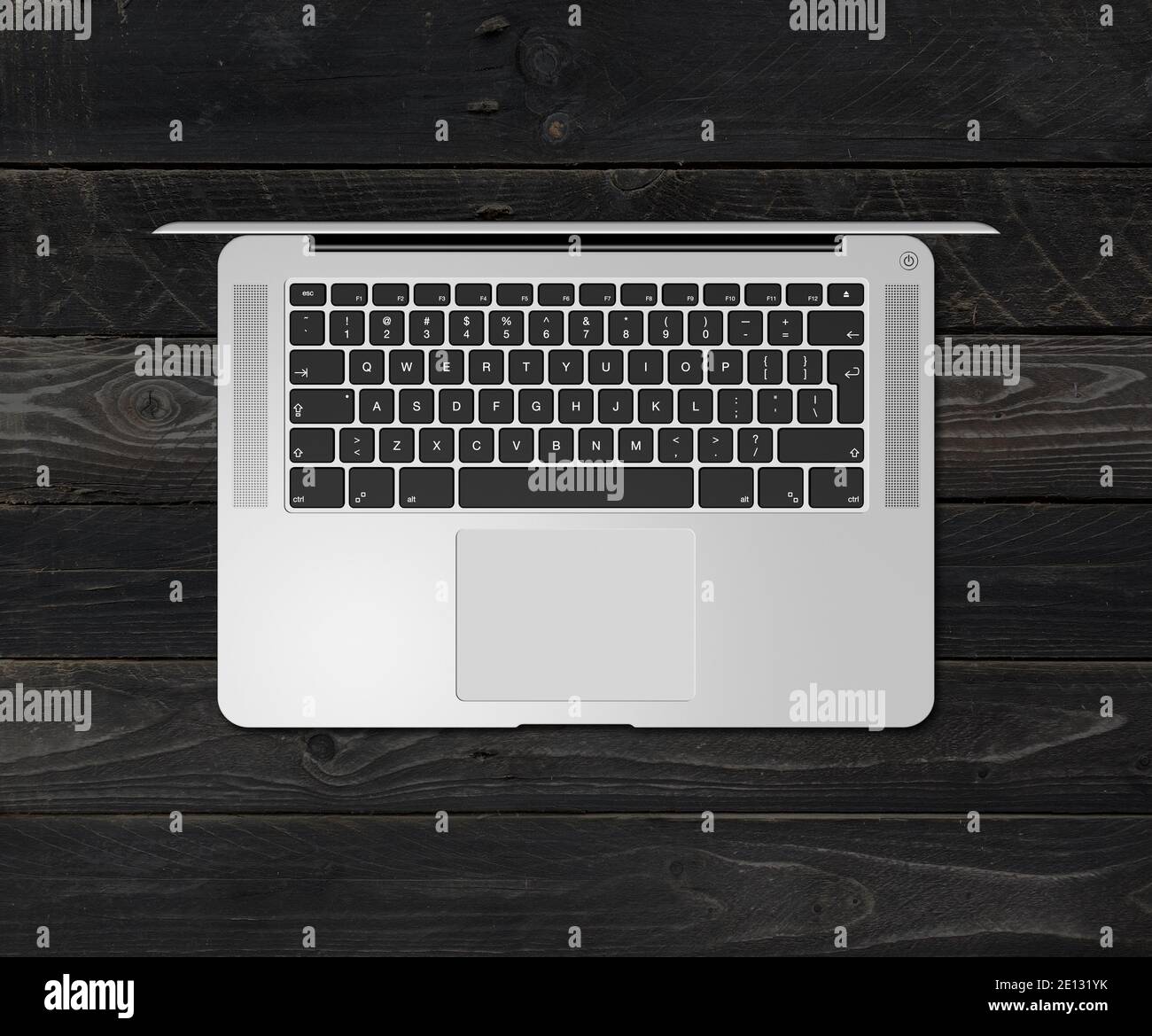 Open laptop top view isolated on black wood background. 3D render ...