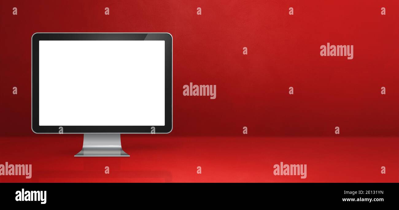 Computer pc - red office desk banner. 3D Illustration Stock Photo - Alamy