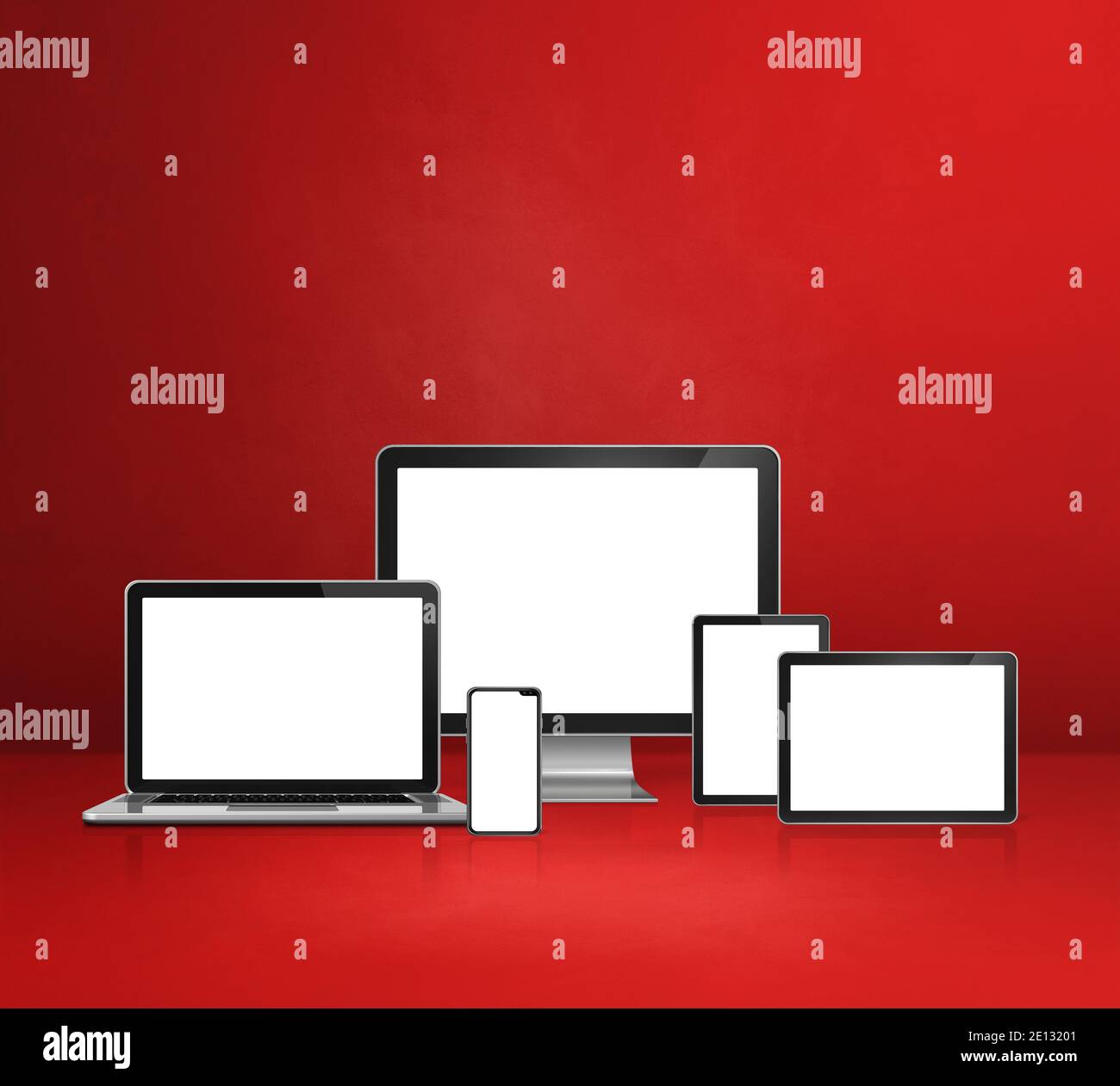 Computer, laptop, mobile phone and digital tablet pc - red office desk ...