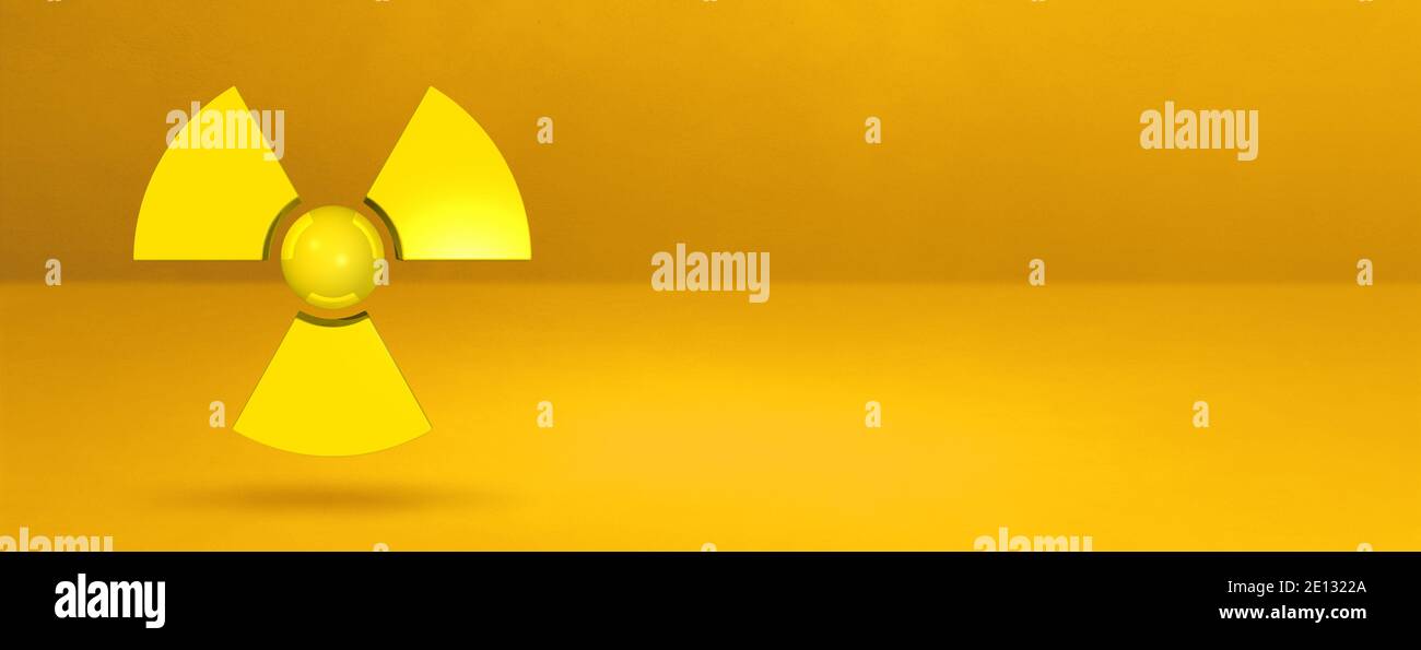 Radioactive symbol isolated on a yellow studio background banner. 3D ...