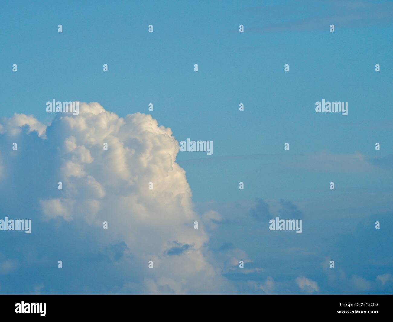 Weather, Blue sky with fluffy white cumulus clouds in one corner, could ...
