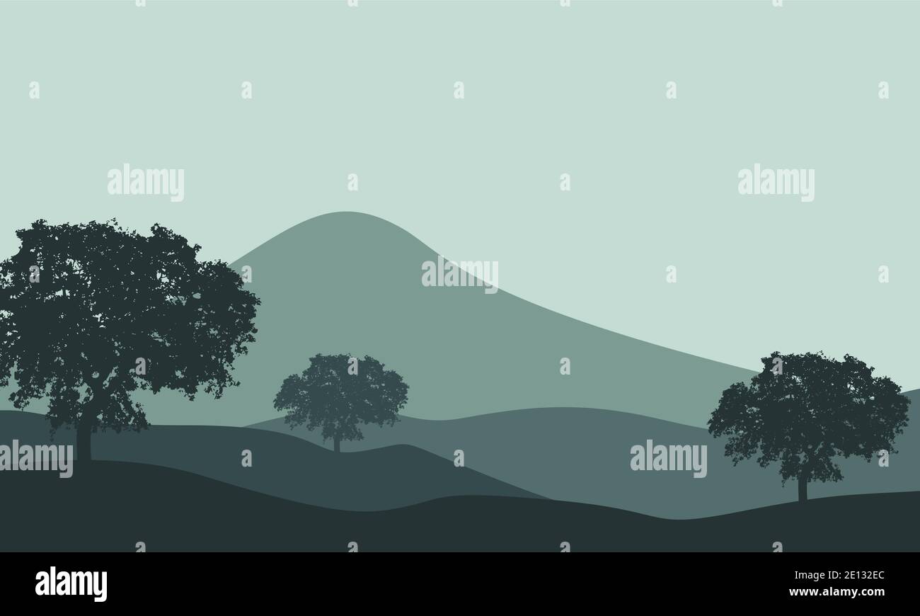 Nice scenery trees and mountains in the morning. Vector illustration of ...