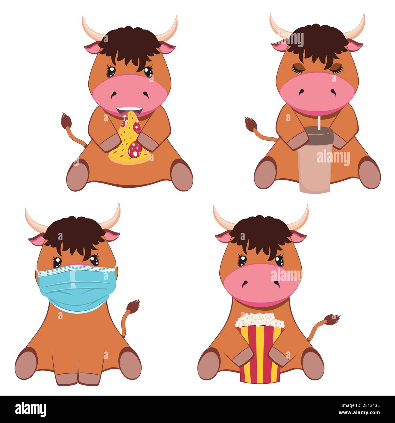 Little cute cartoon brown bull in various poses illustration Stock ...