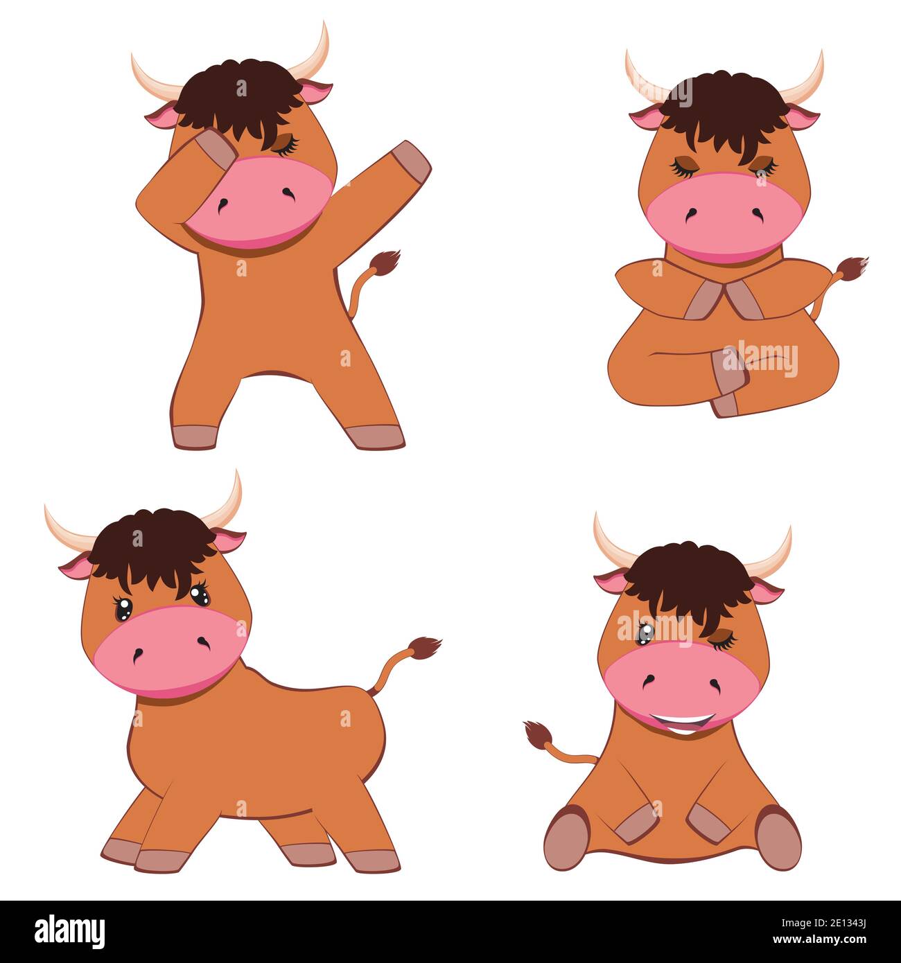 Little cute cartoon brown bull in various poses illustration Stock ...