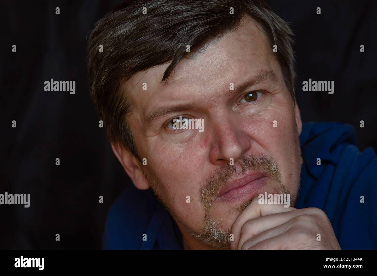 Body language concept. Portrait of an adult man supporting his head ...