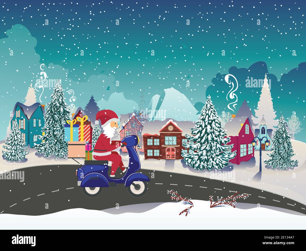 Cartoon Santa Claus rides scooter with gifts on night winter town Stock ...