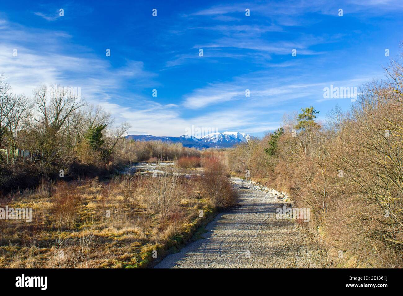 Dry river Schwarza in Bad Erlach and view of Rax Mountain in Lower ...