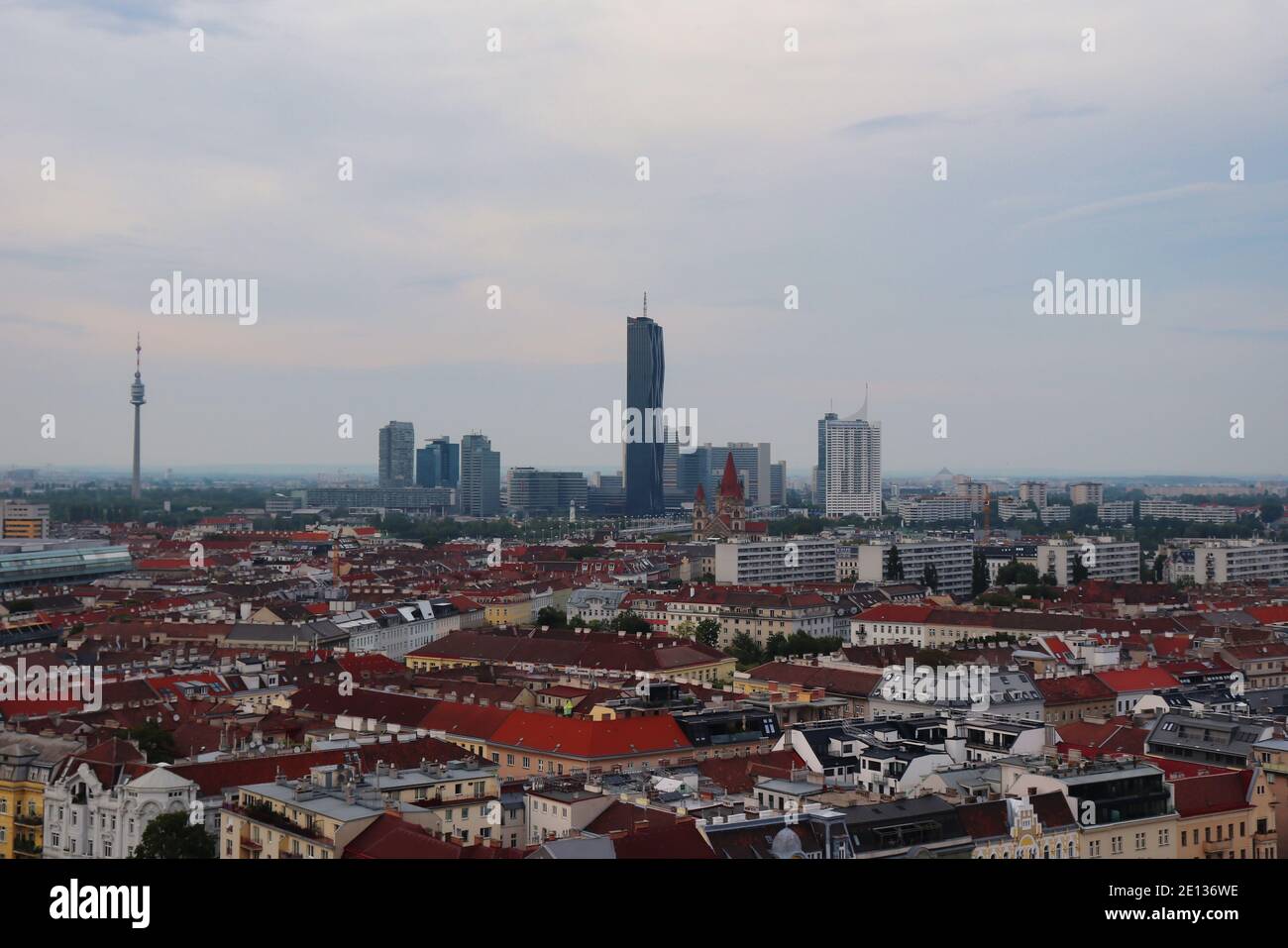 Aerial view of the tops of buildings and skyscrapers in Vienna, Austria ...