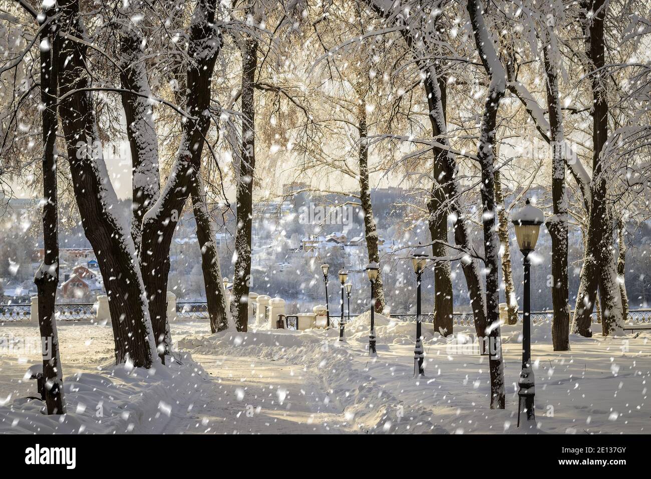 Strong snowfall in winter city park covered with snow on a sunny winter ...