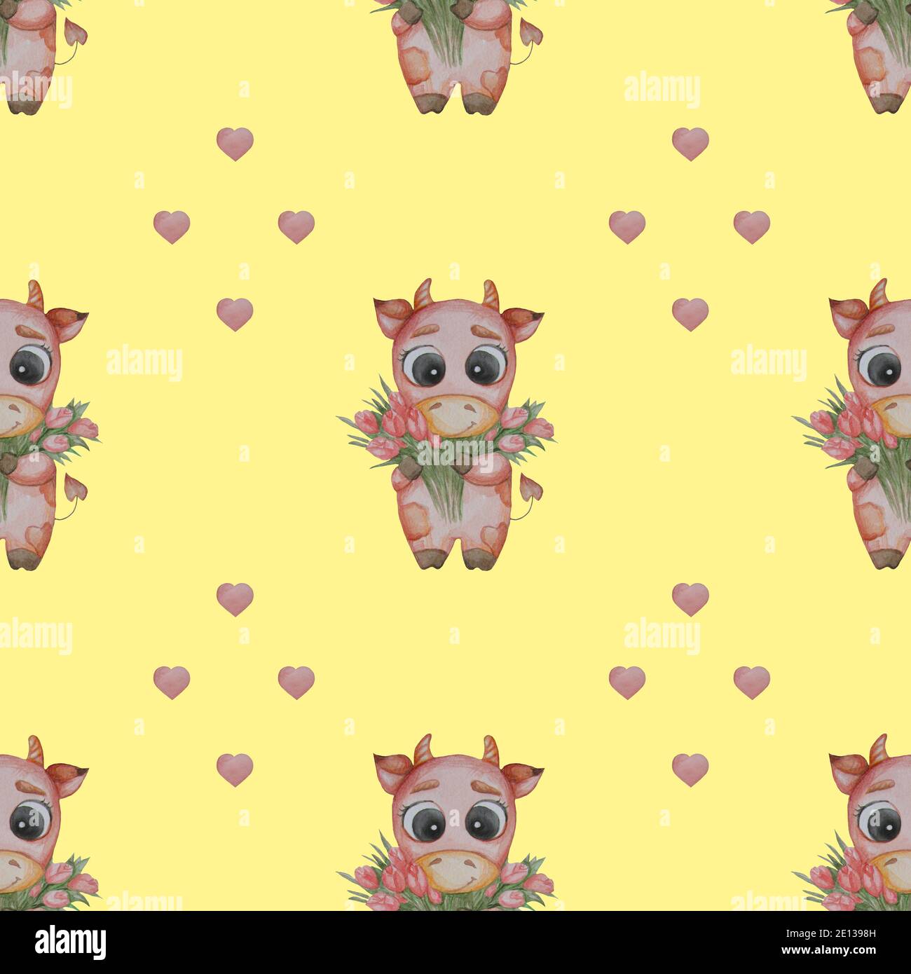 Seamless patterns. Small bull with a bouquet of flowers - pink tulips ...