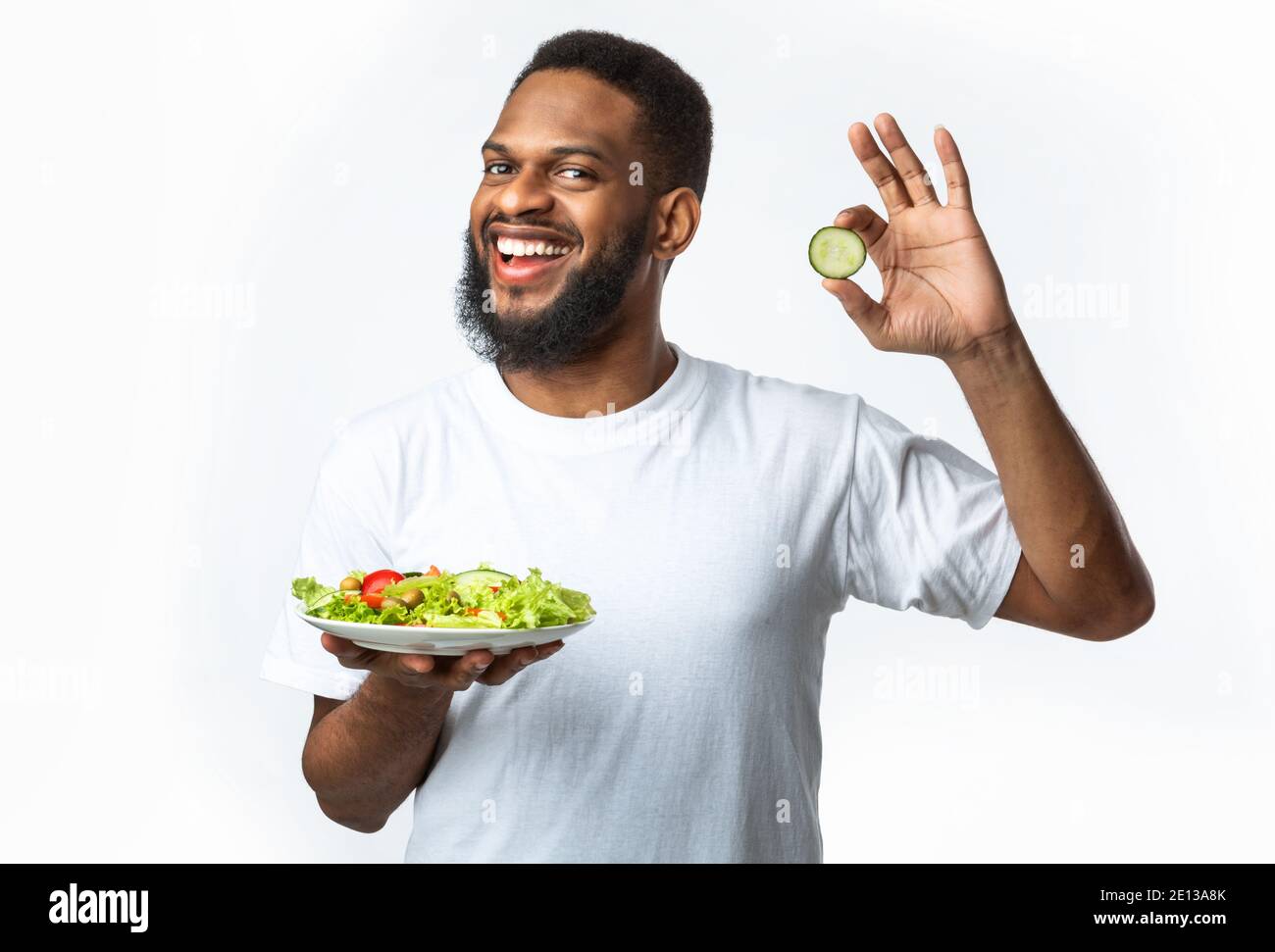 Joyful Black Man Holding Vegetable Salad Gesturing Okay, White ...
