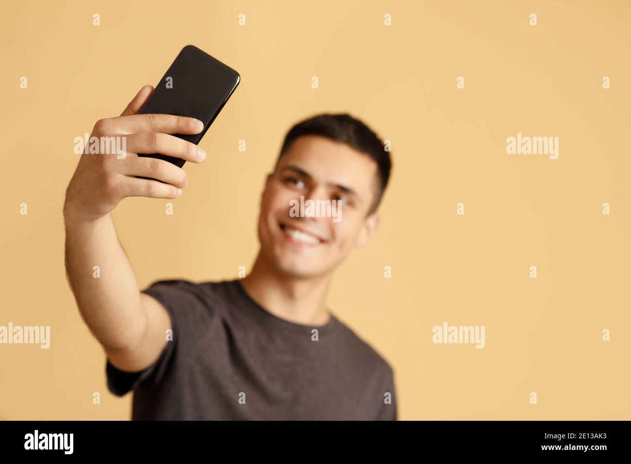 Happy blogger makes streaming video or photo for social media Stock ...